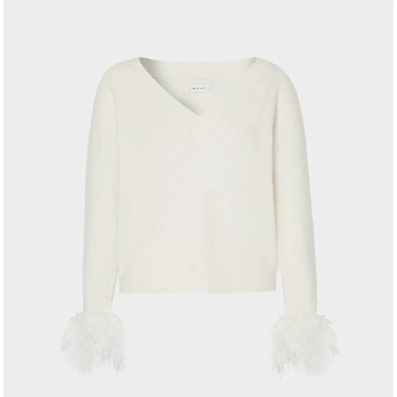Milly | Sweaters | New Milly Feather Cuff Vneck Sweater In Ecru | Poshmark